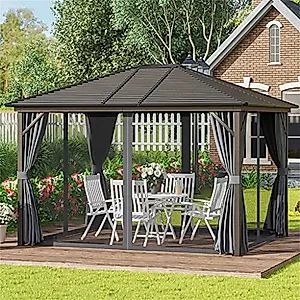 UXZDX 10' X12' Hardtop Gazebo with Aluminum Frame, with 2 Hooks, Curtains and Netting for Garden, Patio, Backyard, Dark Grey