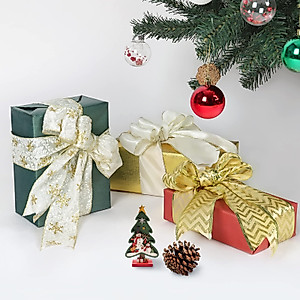 Arquiel 6 Rolls Christmas Ribbon Wired, 2.5" x 6 Yards Gold Ribbons Ornaments with Glitter for Xmas Tree Gift Wrapping Bow Decoration, White & Gold Ribbons