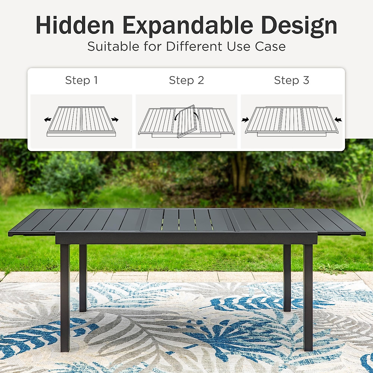 PHI VILLA Outdoor Dining Table and Chairs Set for 8, 9 Pieces Patio Metal Expandable Rectangular Table and Black Swivel Chairs with Cushions, Dining Furniture Set for Backyard, Porch