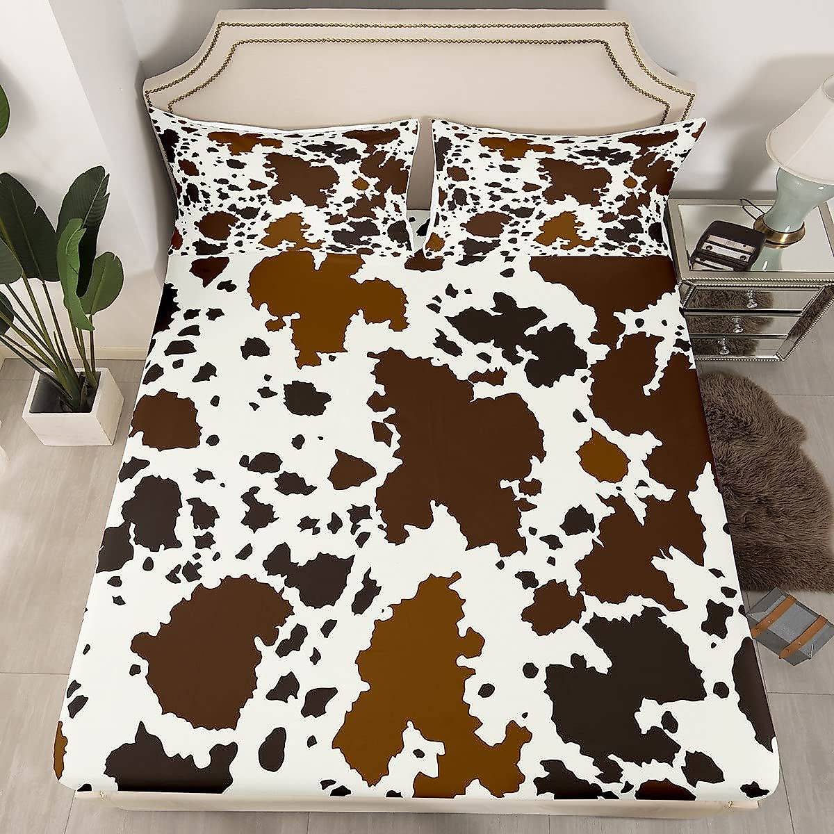 Cow Print Bedding Set Adult Women Brown Highland Cow Print Fitted Sheet for Boys Girls Western Room Decor Fitted Bed Sheets Wild Animal Farmhouse Milk Cow Print Bedding Collections, Twin Size