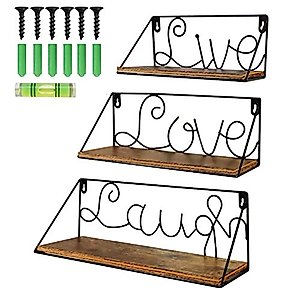 QUTREY Wall Mounted Floating Shelves Set, Live Love Laugh Metal Wall Decor Shelf for Bedroom, Living Room, Kitchen, 3 Packs