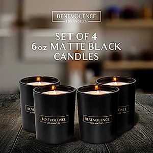 Benevolence LA Pack of 4 Scented Candles Gift Set | Rose & Sandalwood Candle and Oud Wood Candles for Home Scented | 6 oz Black Candles | Natural Soy Candles Gifts for Women | 35-Hour Burn Aromatherapy Candle | Perfect Spring Candles