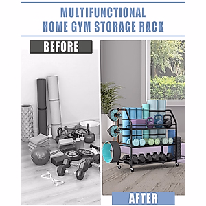 Staransun Yoga Mat Storage Rack, Home Gym Workout Accessories Organizer, Sporting Goods Storage with Baskets and Hooks, Yoga Mats, Dumbbell, Resistant Band, and other Workout Equipment Holder