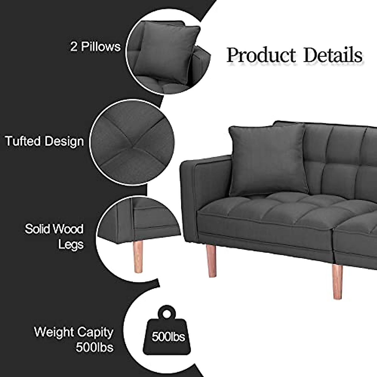 QSSLLC Futon Sofa Bed Convertible Loveseat, Sleeper Sofa with 2 Pillows and Solid Wood Legs, 76 inchL Sofa Couch for Compact Living Space, Apartment, Dorm - Dark Gray
