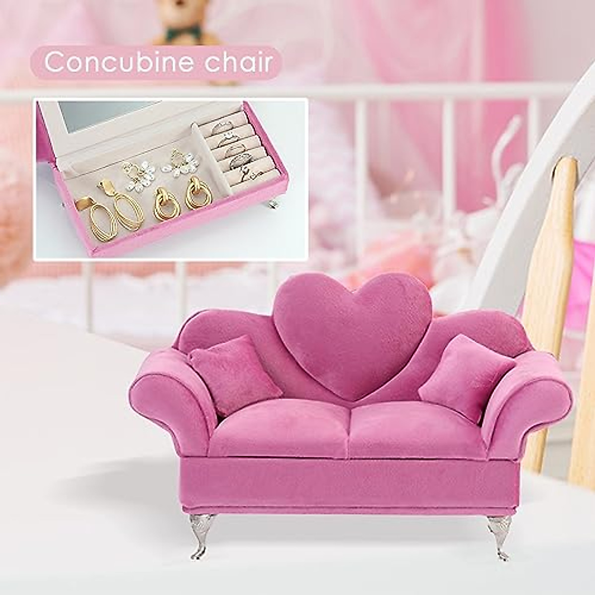 Mini Pink Travel Jewelry Box Sofa Single/Double People Heart Shape Armchair Openable Jewelry Organizer Box Necklace Earrings Ring Box for Girls Women (Pink Concubine Chair, 15cm*24cm*9.5cm)