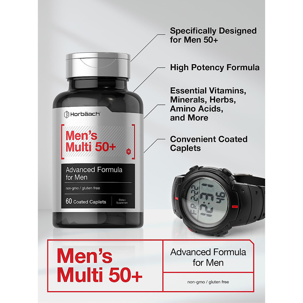 Horbäach Men's Multivitamin 50 Plus | 60 Caplets | Non-GMO & Gluten Free Supplement
