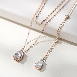 SWEETV Teardrop Wedding Back Necklace for Bride Bridesmaids, Rose Gold Cubic Zirconia Simple Back Pendant Bridal Necklace for Wedding Party