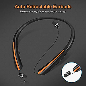 Bluetooth Retractable Headphones, Wireless Earbuds Neckband Headset Noise Cancelling Stereo Earphones(Orange)