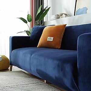 EURHOWING Stretch Velvet Sofa Cover for 4-Seaters Sofa,Anti-Slip Soft Couch Cover Sofa Slipcover w Pillowcase,Washable Furniture Protector with Anti-Skid Foam and Elastic Bottom,Navy Blue