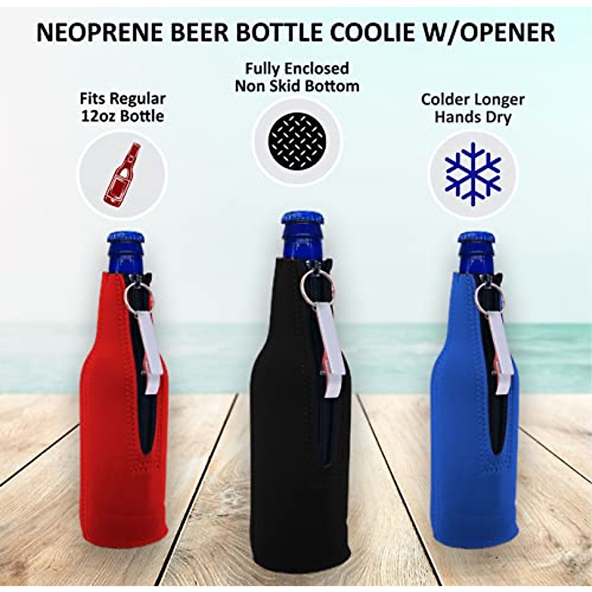 Blank Neoprene Beer Bottle Coolie with Opener (Variety Color 6 Pack)