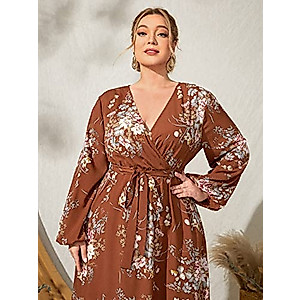 WDIRARA Women's Plus Size Floral Print V Neck Belted Bishop Long Sleeve Dress Brown 3XL
