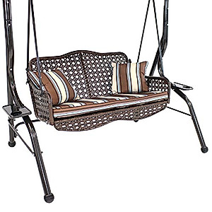 Sunnydaze 2-Seater Outdoor Rattan Patio Swing with Adjustable Tilt Canopy, Striped 2 Pillows and Seat Cushion, Brown