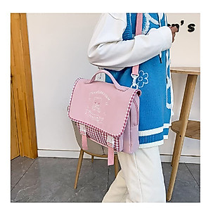 YUESUO Japanese Kawaii Plaid Bear Strawberry Backpack 3 Way Multi Bag for Girl Women JK Lolita Student Cosplay Satchel Book Bag (Pink,Medium)