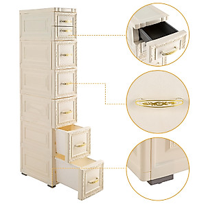 6 Tier Storage Cabinet with 7 Drawers Rolling Narrow Dresser Tower Stand Slim Plastic Storage Organizer with Wheels Elegant Storage Chest for Bedroom Bathroom Entryway Dorm Small Spaces, Beige