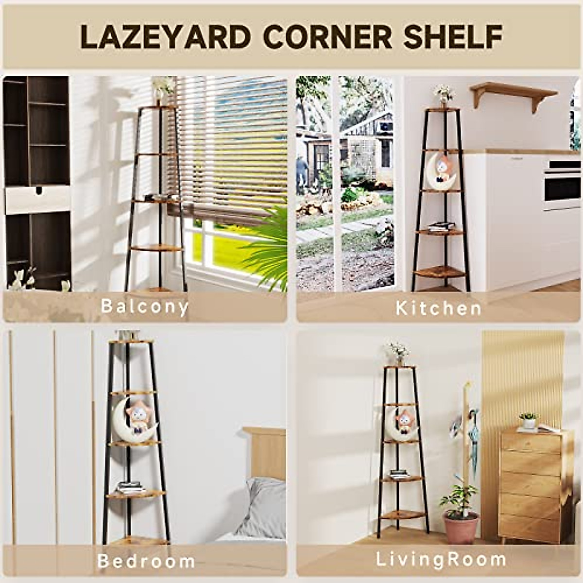 LAZEYARD 5 Tier Corner Shelf Stand, Corner Bookshelf, Corner Ladder Shelf for Bedroom, Living Room, Balcony, Office, Kitchen 62.6inches (Rustic Brown)