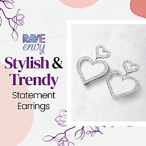 Rave Envy Silver Heart Earrings for Women, Heart Shaped Earrings - Statement Earrings for Womens