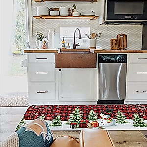 Libaoge Kitchen Mat Rug 1 PCS Christmas Snowman Xmas Tree Red Buffalo Plaid Runner Rug Anti-Fatigue Comfort Memory Foam Standing Mat Non-Slip Floor Door Mat for Bathroom Bedroom 18x59in