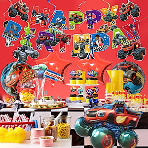 Blaze Birthday Decorations Blaze and The Monster Machines Party Balloon Banner and Hanging Swirls for Kid, Boys and Girls Happy Birthday Banners