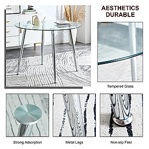 Glass Round Dining Table Set for 4, Modern Kitchen Table Chairs Set of 4 Chairs, Circle Clear Dining Room Table Set for 4 PU Leather Chairs, Comedor de 4 Sillas y Mesa,for Small Space Office Cafe