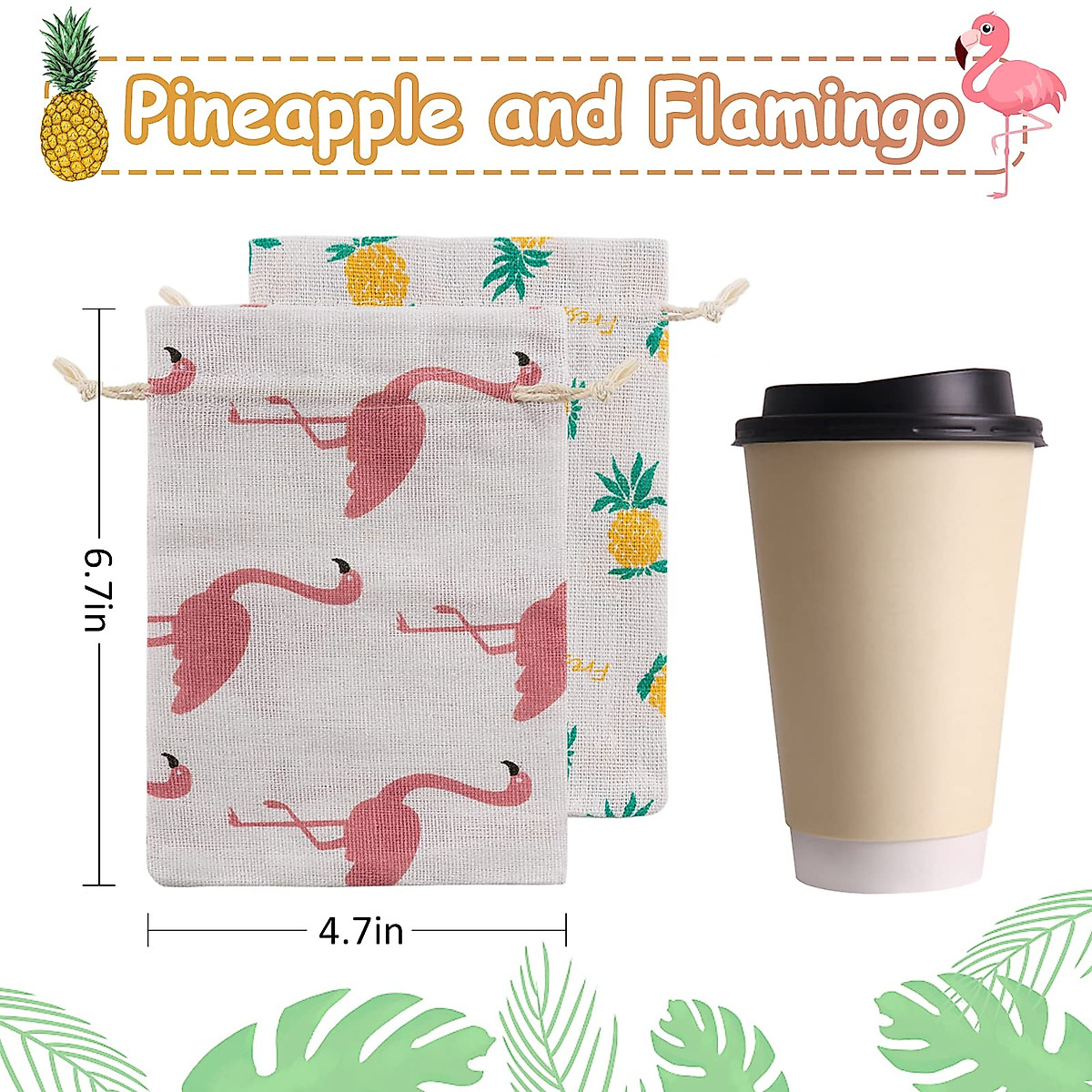 40 Pcs Hawaiian Drawstring Favor Bags- 2 Styles Natural Burlap Pouches Drawstring Gift Treat Bags for Birthday Wedding Summer Beach Luau Tropical Party Favors(Pineapple+ Flamingo, 20pcs Each Style)