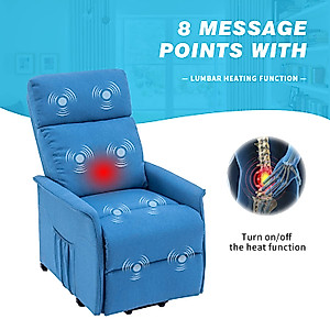 MELLCOM Power Lift Recliner Chair Sofa for Elderly with Massage and Heat, Fabric Electric Massage Recliner with Side Pocket and Wired Remote Control, Linen Blue