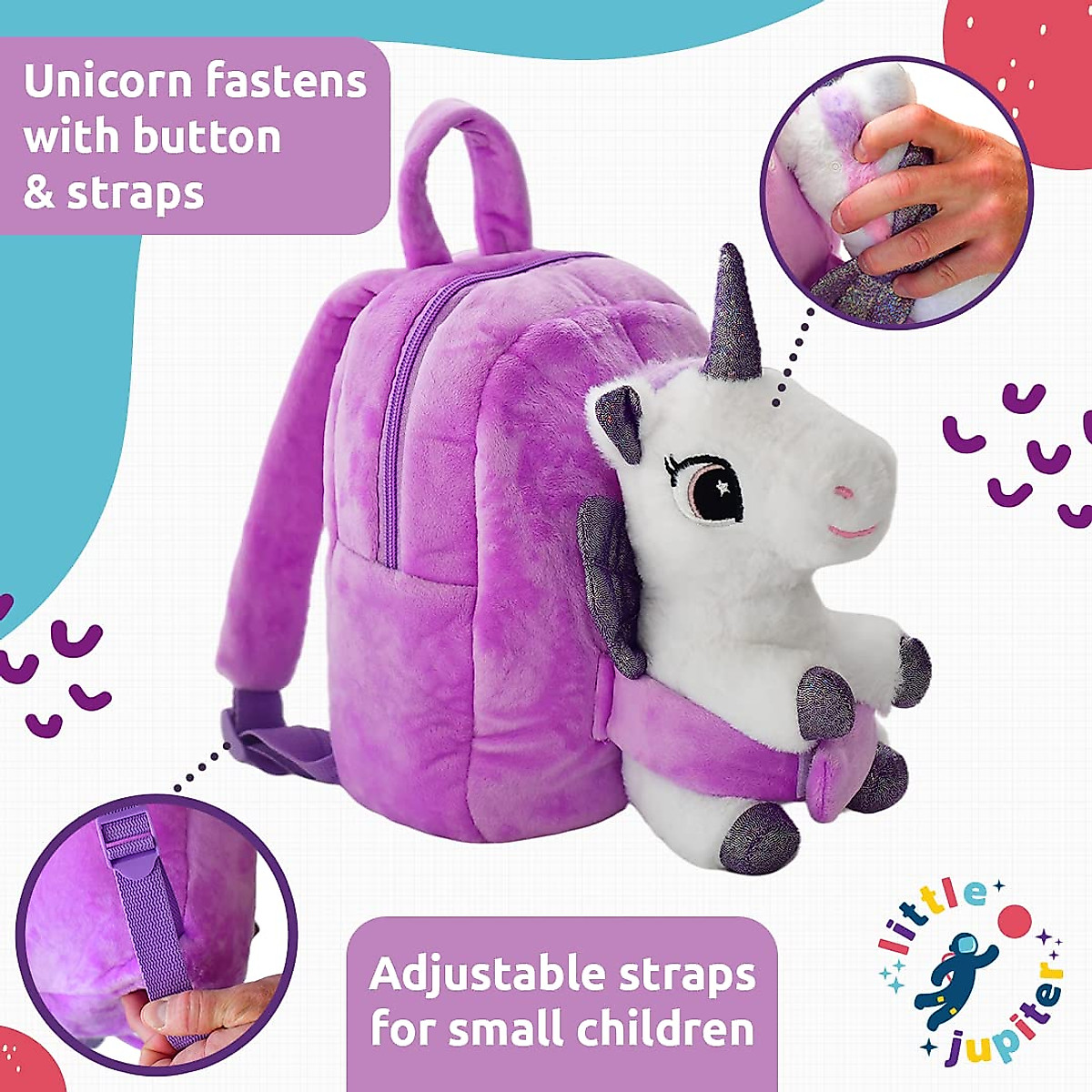 Pet Plush Unicorn Stuffed Animals Backpack w/Removable Stuffed Unicorn Plush Toy & Birth Certificate for Small Girls 3-4 - 5 Years Old - Little Girl Backpack - Stuffed Animals for Girls - Purple
