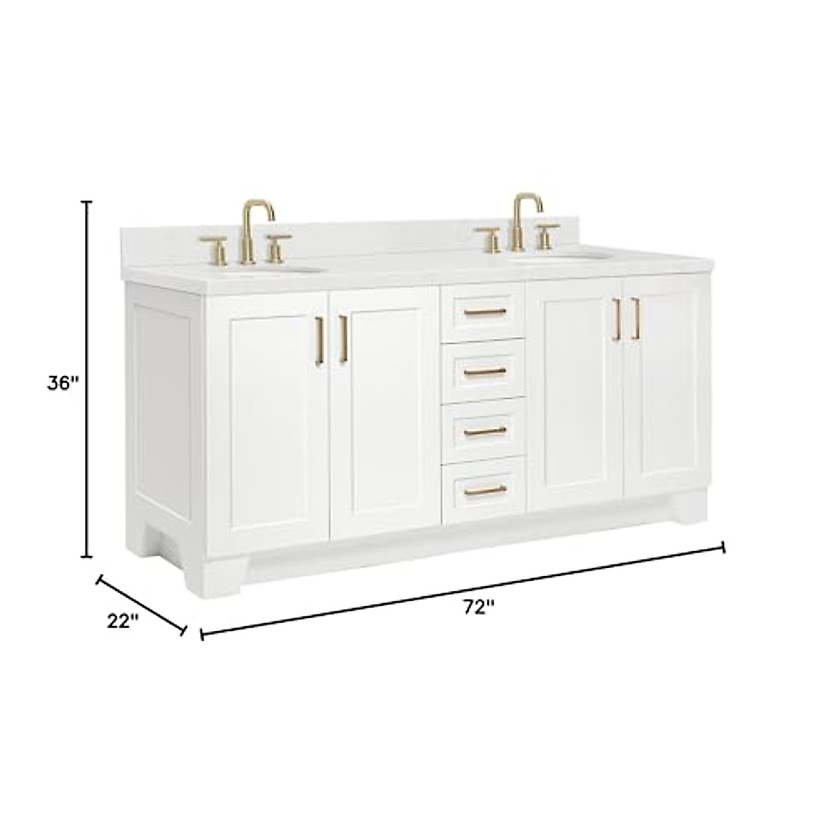 ARIEL Taylor 72" White Double Bathroom Vanity, 1.5" Edge Carrara Quartz Countertop & Splash, Oval Sinks, 4 Soft Closing Doors, 6 Full Extension Dovetail Drawers, Toe Kick, Satin Brass