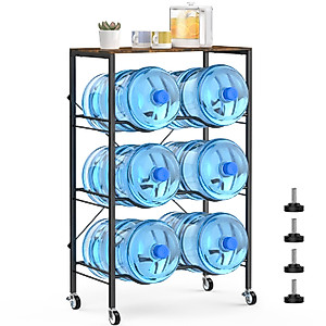 Housolution 3 Tier 5 Gallon Water Jug Holder 6-Tray Water Jug Rack with Top Shelf and 4 Wheels Heavy Duty Movable Water Jug Stand,5 Gallon Water Bottle Holder for Kitchen Office Living Room，Brown