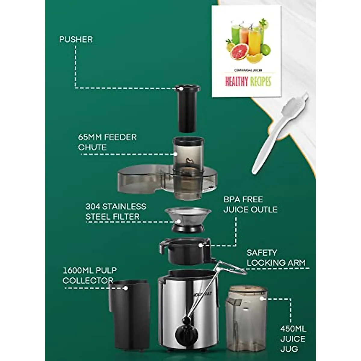 Juicer Machines, HOUSNAT Juicer Whole Fruit and Vegetables with 3-Speed Setting, Upgraded Version 400 W Motor Quick Juicing, Cleaning Brush and Juicing Recipe Included