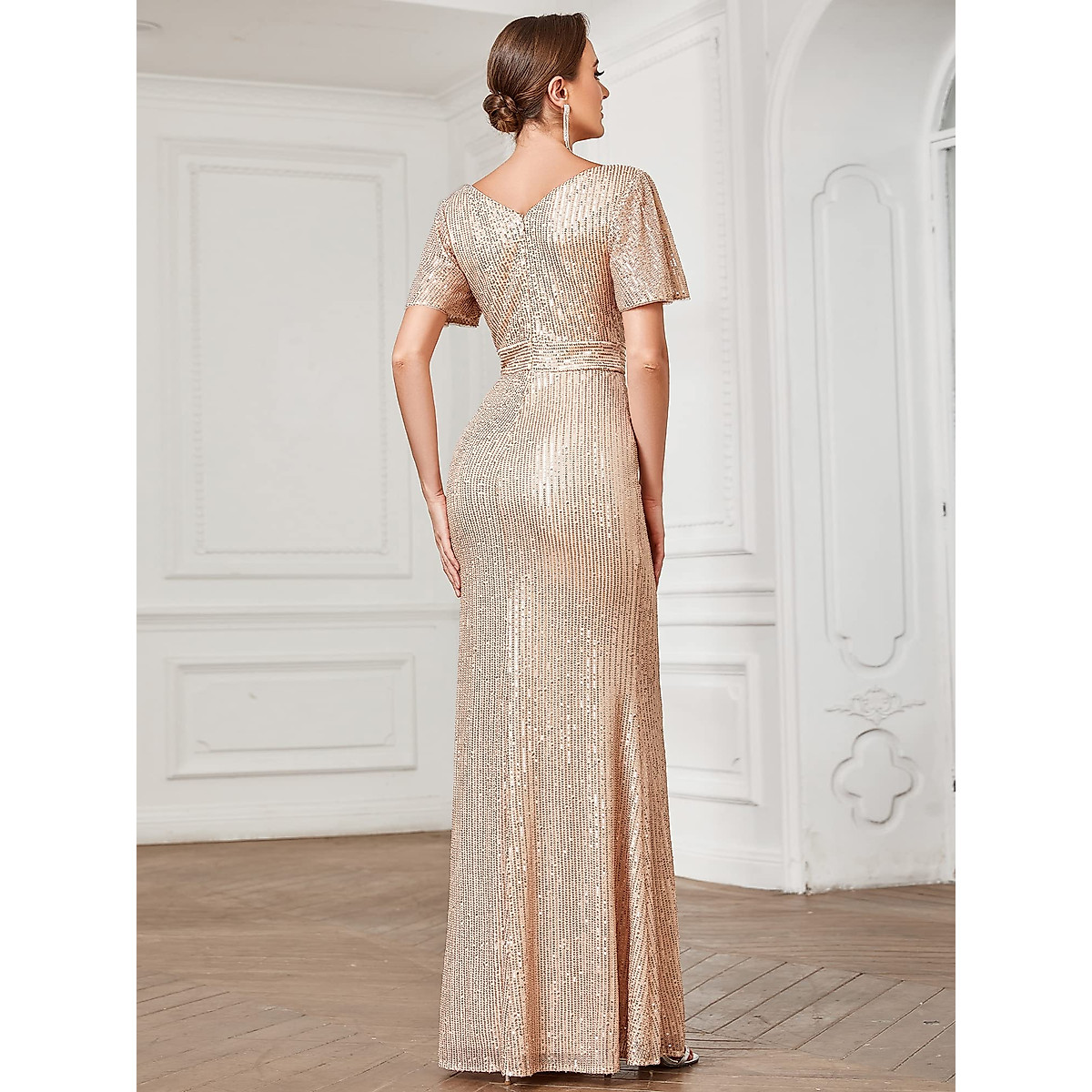 Ever-Pretty Women's Double V-Neck Short Sleeves Empire Waist Sequin Memaid Formal Dresses Rose Gold US4