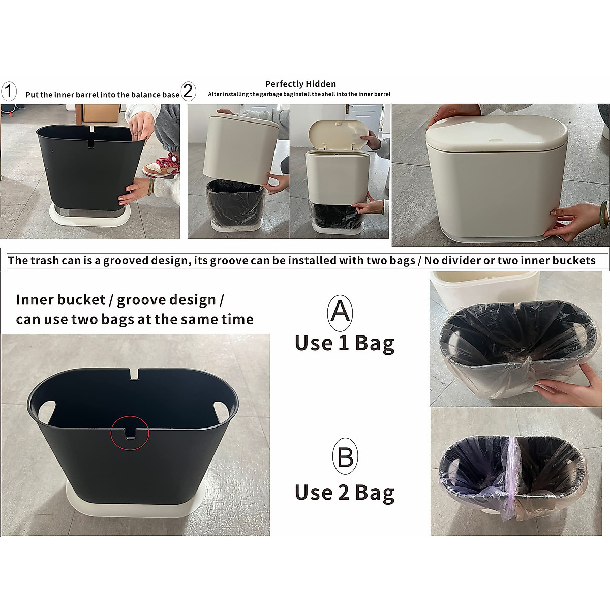 PENGKE Slim Plastic Trash Can 2.7 Gallon Garbage Can with Press Top Lid,White Modern Waste Basket for Bathroom,Living Room,Office and Kitchen