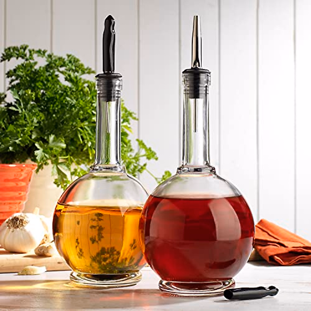 MosJos Oil Bottle for Kitchen (Set of 2) 17oz Round Glass Olive Oil Dispenser with Stainless Steel Spout - Cooking Oil Pourer Dishwasher-friendly