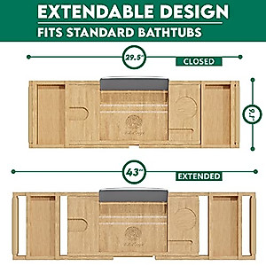 WilloCroft Bamboo Bathtub Tray – Expandable Bath Tray with Stand for Book & Tablet – Bathtub Caddy with Holder for Mobile & Wine Glass – Bath Tray with Leather Handles for Luxury Spa, Hotel & Home