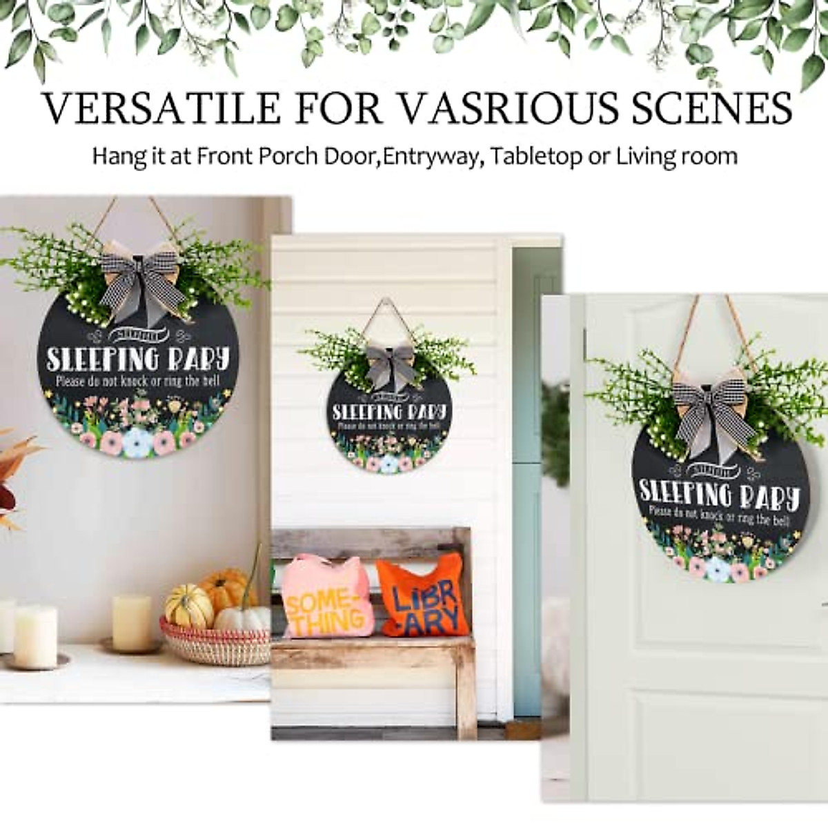 Baby Sleeping Sign for Front Door 12 Inches Funny Do Not Knock or Ring Doorbell Sign Wreath Baby is Sleeping Sign with Buffalo Plaid Bow Decoration Do Not Disturb Sign for Home Baby Room Nursery