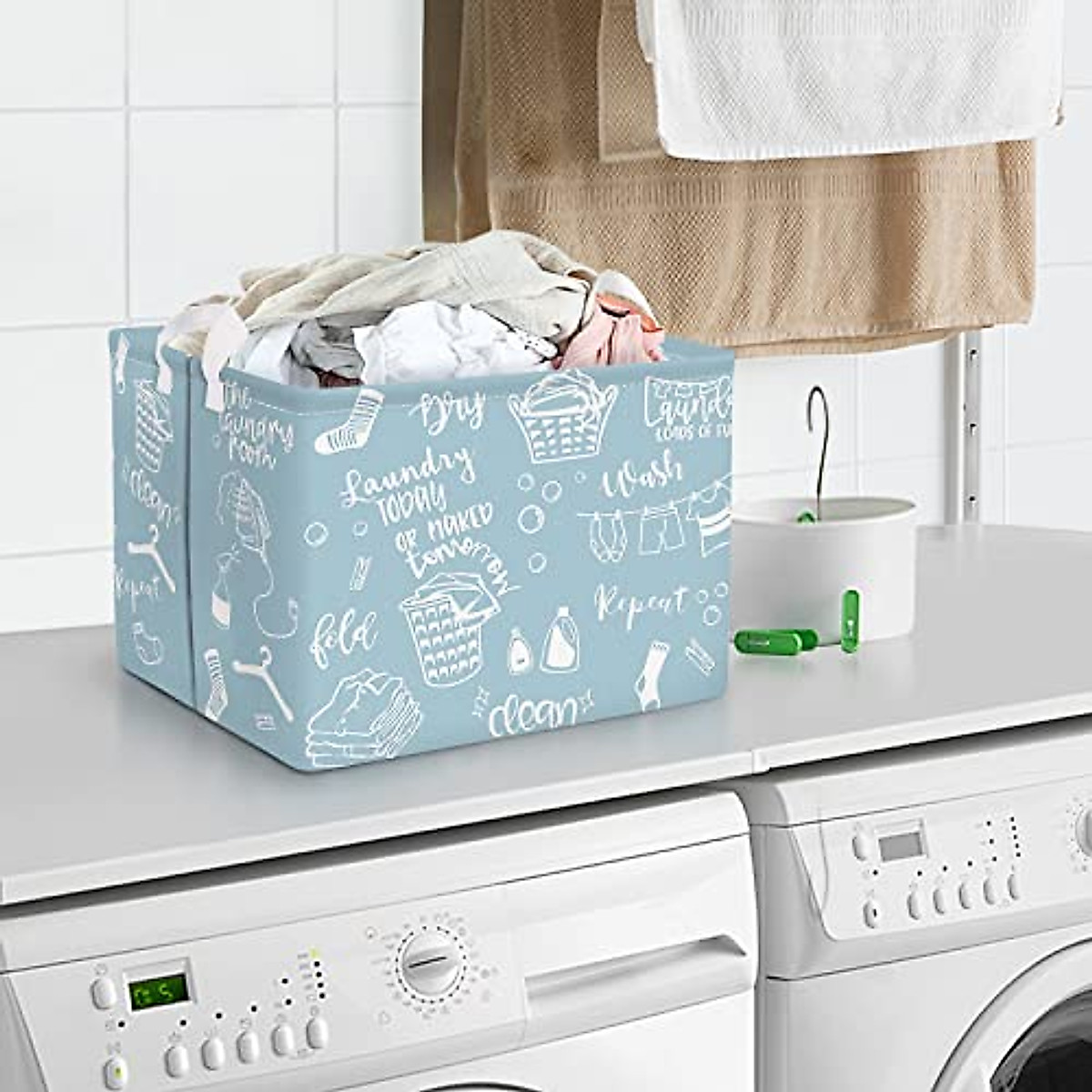Clastyle Rectangular Blue Laundry Theme Storage Bins Waterproof Simple Fun Words Hanger Iron Laundry Basket Detergent Bubble Storage Basket for Toys Clothes Bedroom, 15.7x11.8x11.8 in