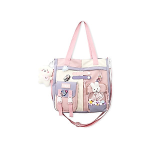 KOWVOWZ Kawaii Shoulder Tote Bag with Cute Pin Accessories Plush Rabbit & Bear Pendant Girl School Backpack Laptop Schoolbag Crossbody for Students (Purple)