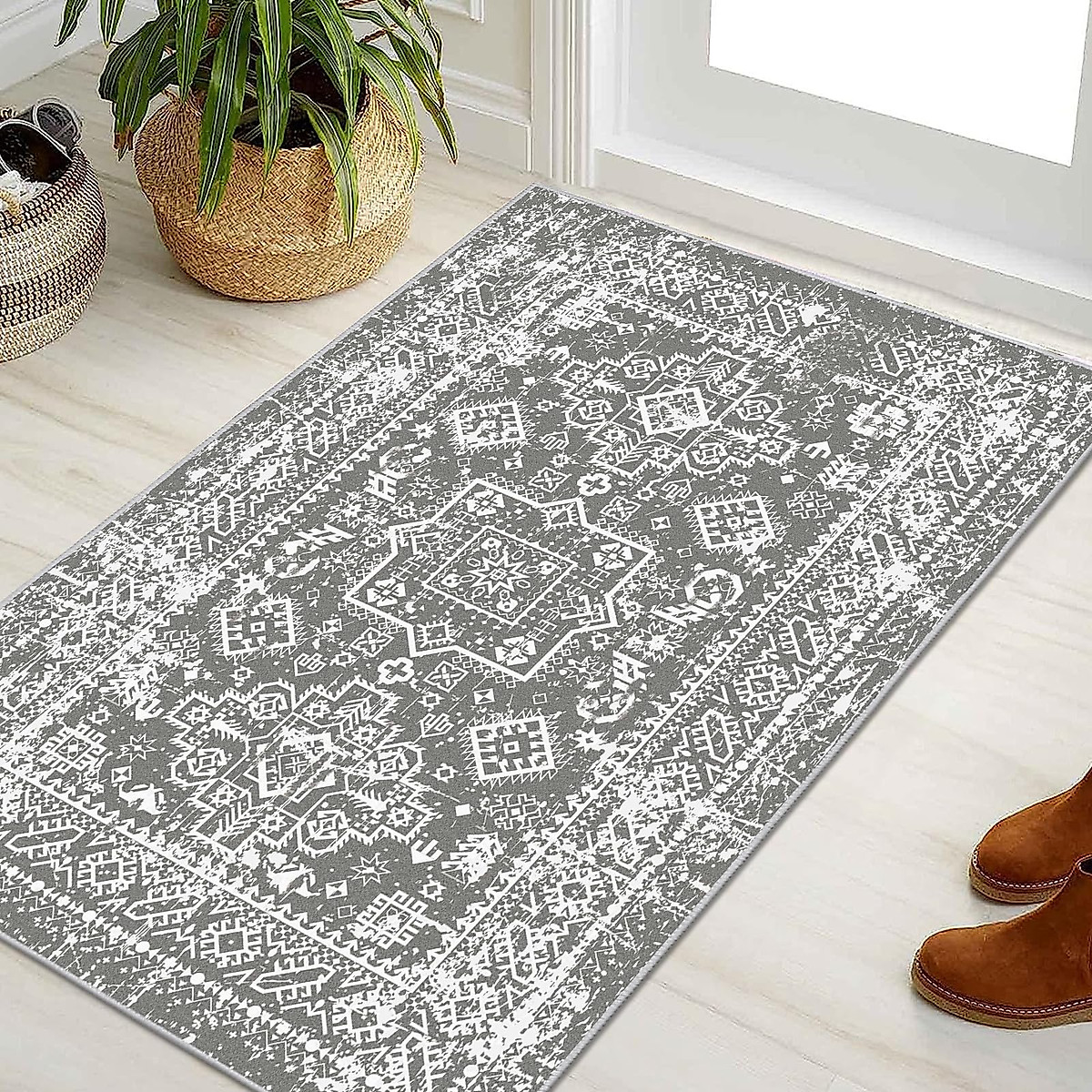 Pauwer Grey 3'x5' Area Rug, Faux Wool, Machine Made, Non-Slip, Washable, Bohemian, Retro, Vintage, Kitchen Hallway Living Room Runner