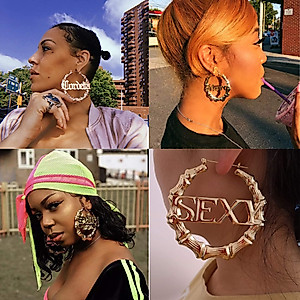 Jewenova Name Earrings Personalized Custom Bamboo Hoop Earrings 18K Gold Plated Big Hoop Earrings Custmized Jewelry for Women Mom Grandma