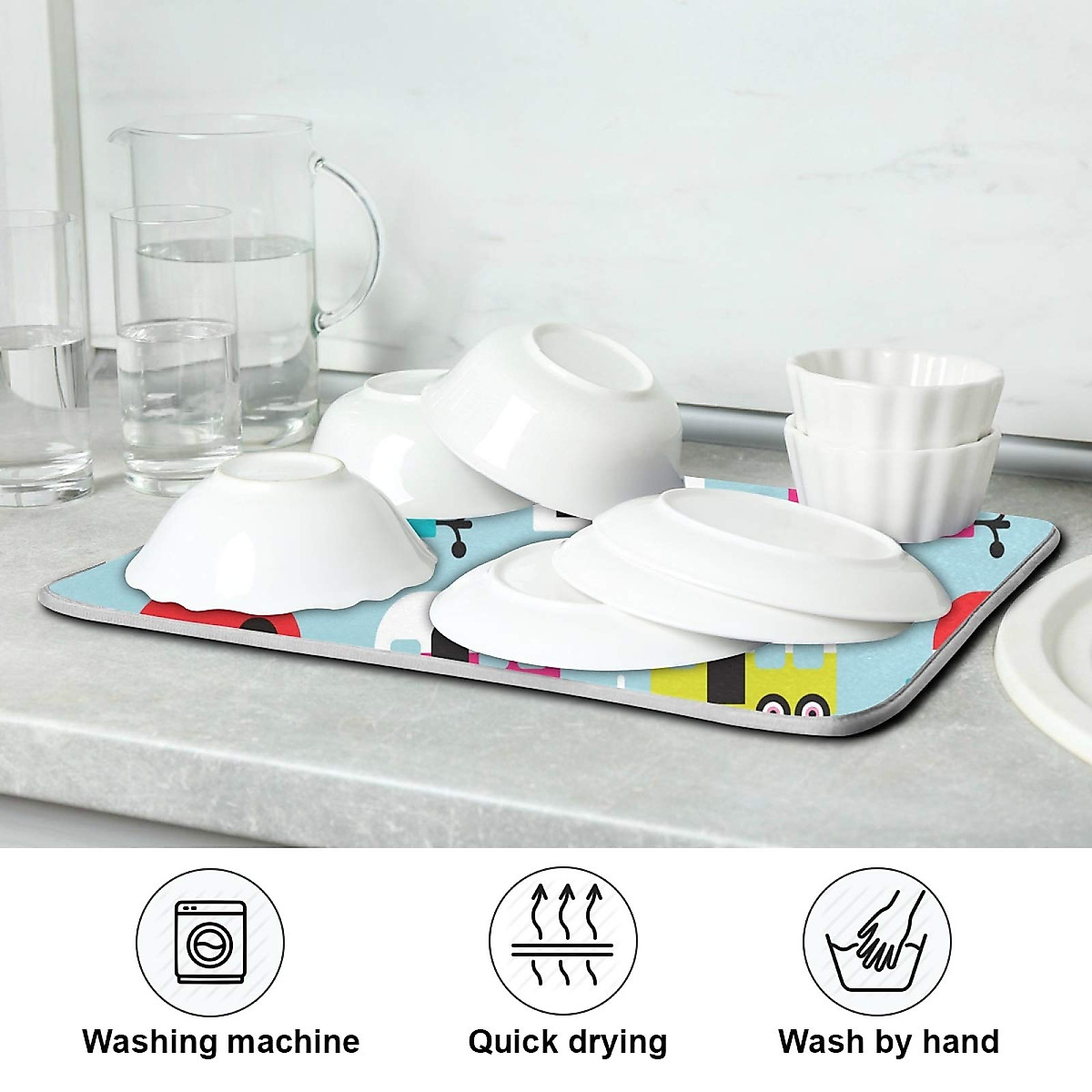 ALAZA Dish Drying Mat, Happy Camper Caravan Super Absorbent Reversible Rack Pads Kitchen Counter Mat 18 x 24 inch