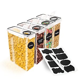 Generic UHS Cereal Containers Storage - 4-Piece Airtight Container Set, Transparent Food Organizers with Lids 4 Liter Reusable Labels & Marker, Clear