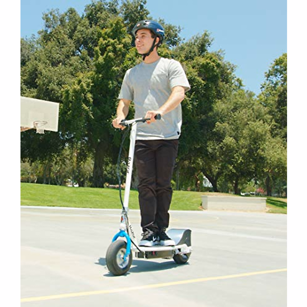 Razor E300 Electric Scooter - 9" Air-filled Tires, Up to 15 mph and 10 Miles Range, White/Blue
