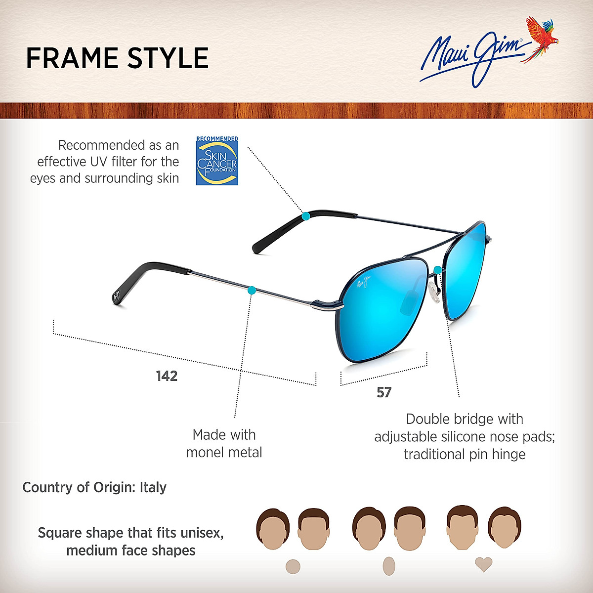 Maui Jim Men's and Women's Mano Polarized Aviator Sunglasses, Dark Navy w/Silver Stripe/Blue Hawaii, Medium