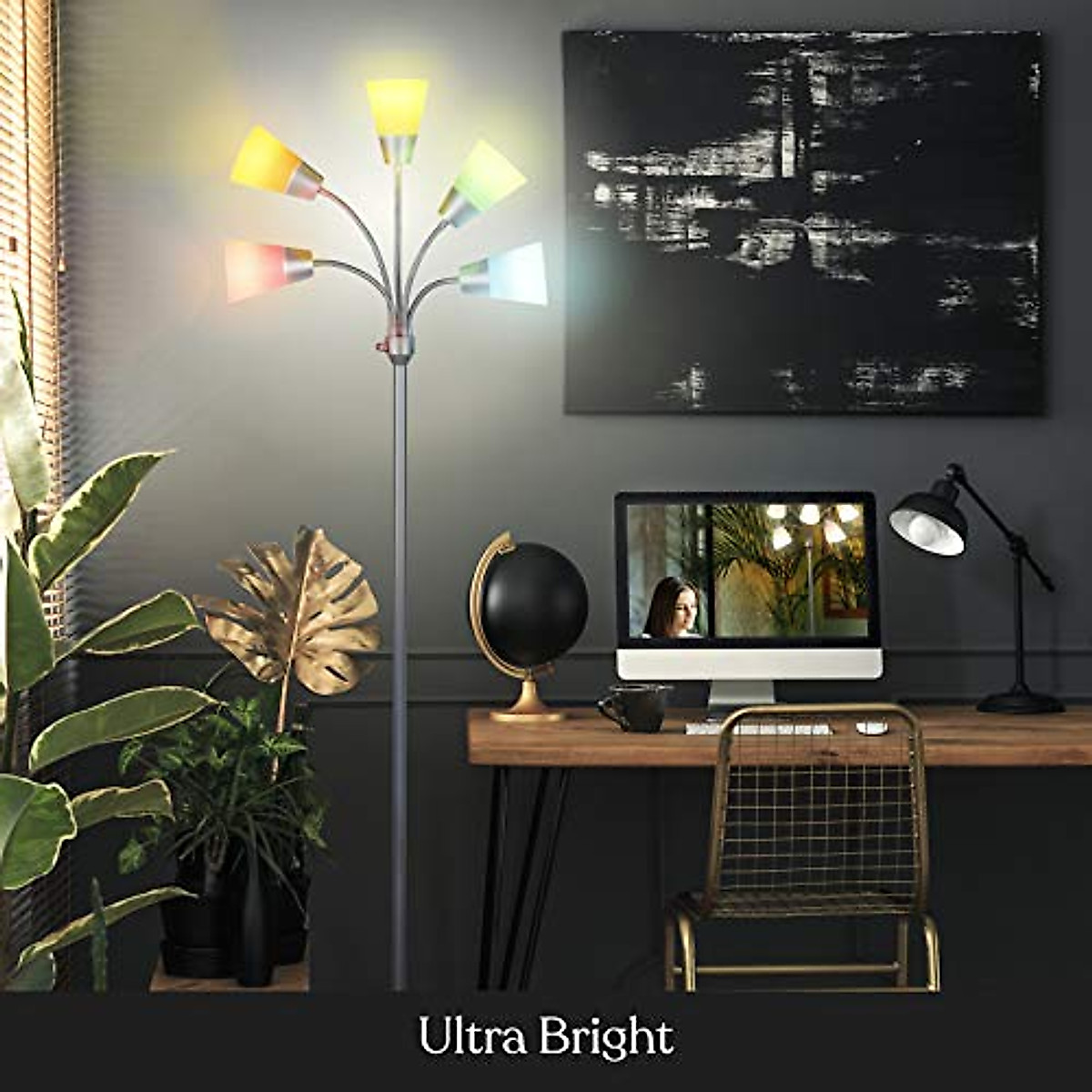 Brightech Medusa Modern LED Floor Lamp – Multi Head Dimmable Floor Lamp for Living Rooms & Offices – Tall Lamp with Interchangeable Shade, Standing Lamp with 5 LED Bulbs for Hobbies - Silver