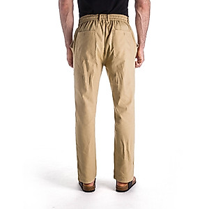 MUSE FATH Men’s Linen Elastic Waist Pants-Lightweight Summer Trousers-Khaki-S