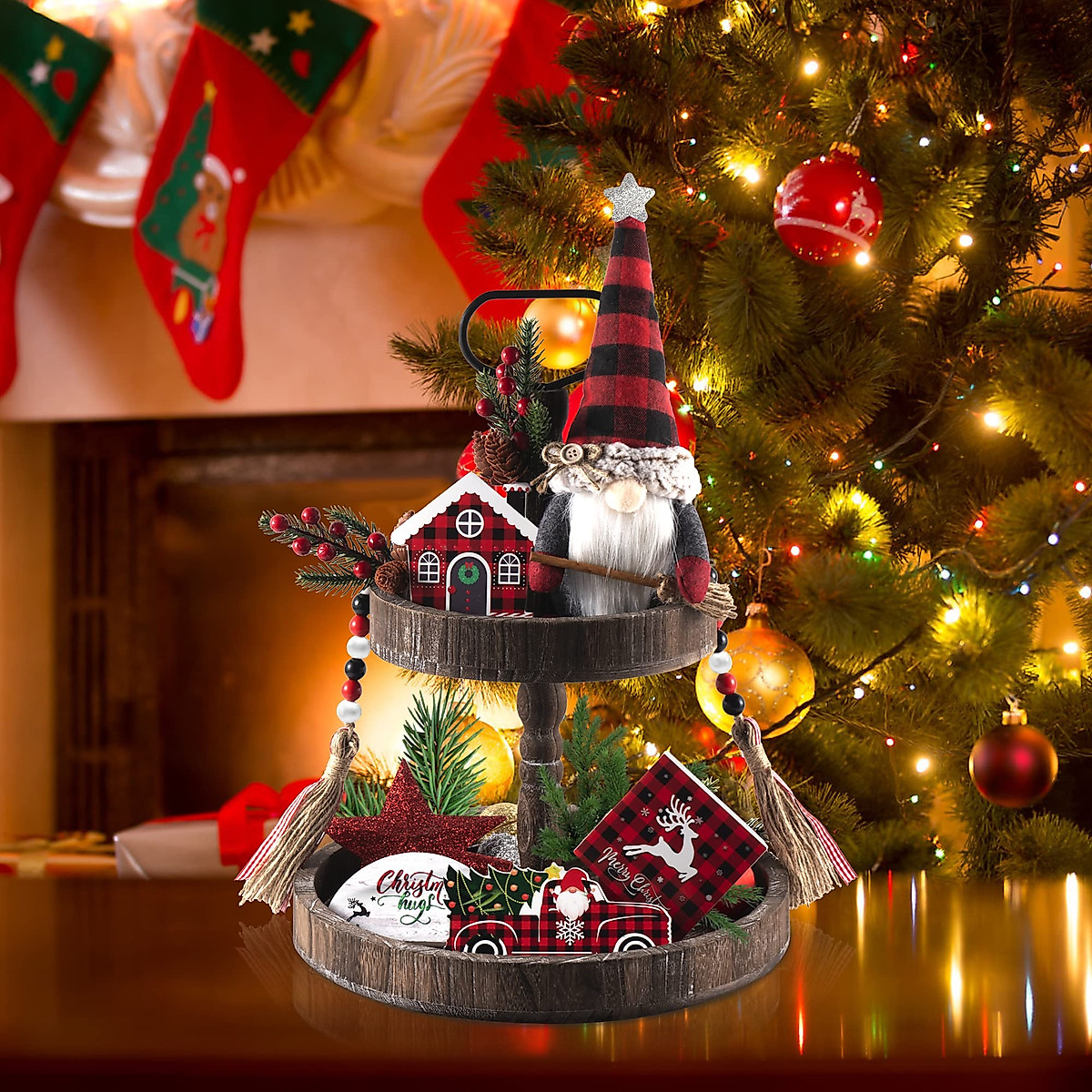 Christmas Tiered Tray Decorations Set - 13 Pcs Farmhouse Decor with Gnomes Plush, Wooden Signs, Bead Garland for Home Table