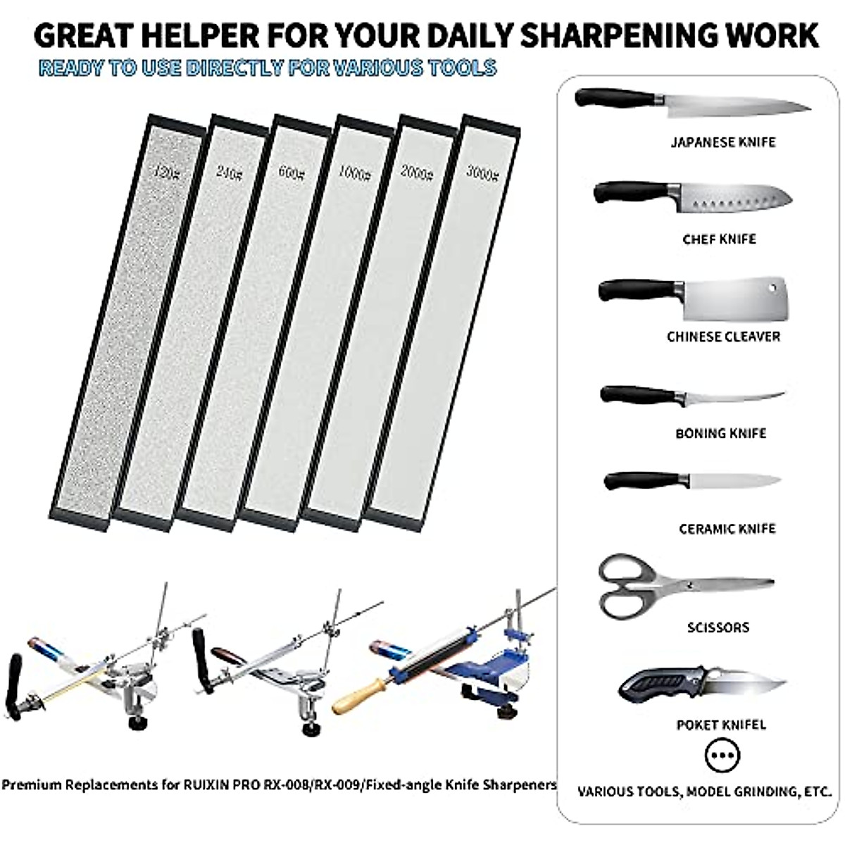 Diamond Sharpening Stones, CWOVRS 6 PCS Diamond Whetstones Knife Sharpening Kit with Anti-Slip Base- 120#, 240#, 600#, 1000#, 2000#, 3000# for Fix-Angled Knife Sharpening System, Ruixin Pro Sharpener