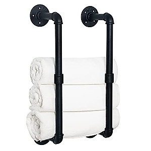 HouseAid Industrial Pipe Towel Rack, Farmhouse Bathroom Towel Storage Holder, Vintage Style Towel Organization, Wall Mounted, Matte Black