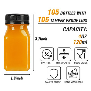 TOMNK 105pcs 4oz Shot Bottles with Caps, Reusable Mini Juice Bottles with Lids, Labels, Funnel and Brush Beverage Containers for Juicing, Milk and Beverages
