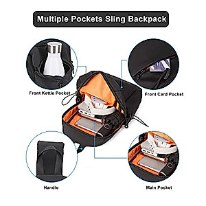 Black Sling Crossbody Bag for Men Women, Tactical Backpack Shoulder Daypack Mini Anti-Theft Cross Body Motorcycle Chest Bags, Small One Strap Backpack for Casual Travel Hiking Outdoor Sports