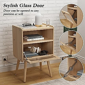 SOOWERY Mid Century Modern Nightstand with Charging Station, Bedside Tables with Glass Door, End Table Side Table with 2 Tiers Storage Space, for Bedroom, Living Room, Natural